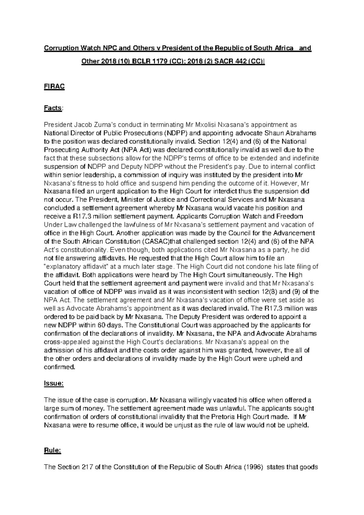 Case Law ICE Task, Constitutional Law - Corruption Watch NPC and Others ...
