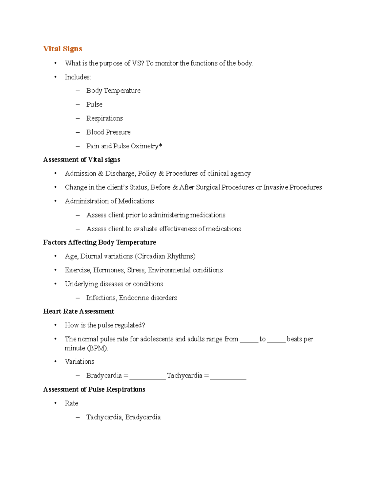 Vital Signs lecture notes - Vital Signs What is the purpose of VS? To ...