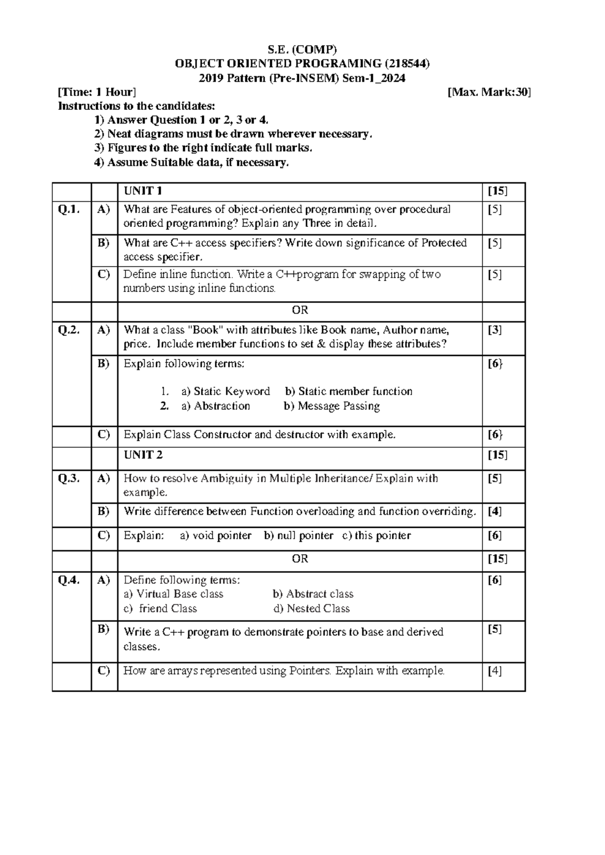 OOP Pre-insem QP by VSM - QUESTION PAPER - S. (COMP) OBJECT ORIENTED ...