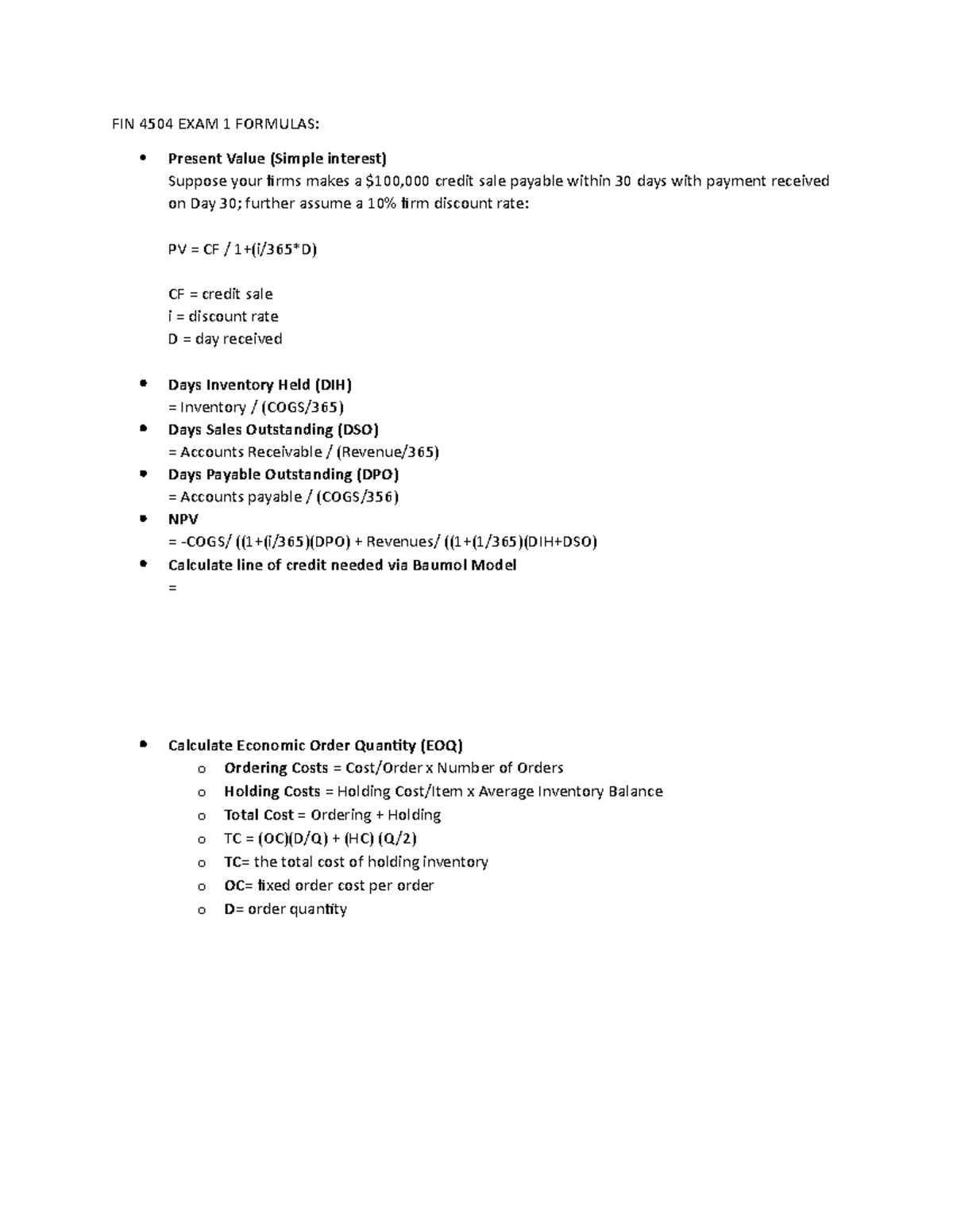 FIN 4504 EXAM 1 Formulas FIN 4504 EXAM 1 FORMULAS Present Value