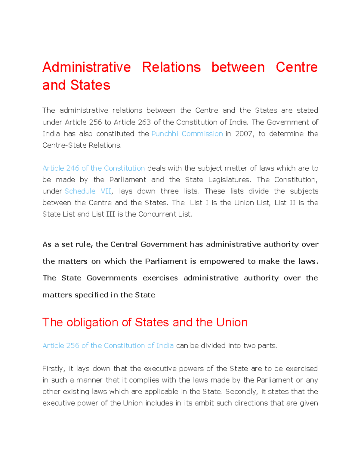 Administrative Relations between Centre and States - Administrative ...