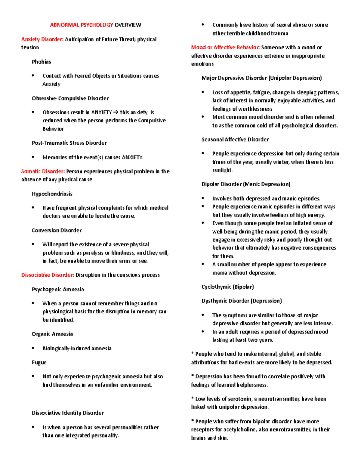 Overview - Lecture notes 1-20 - ABNORMAL PSYCHOLOGY OVERVIEW Anxiety ...