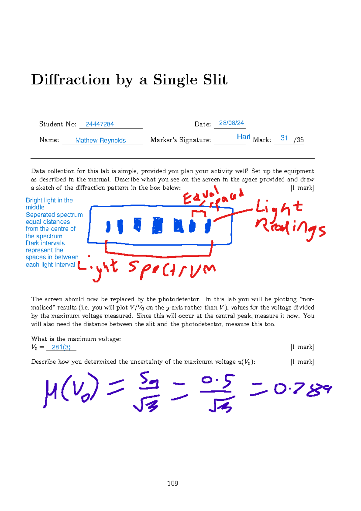 Lab 3 - Lab notes for PHYS1001 - Diffraction by a Single Slit Student ...