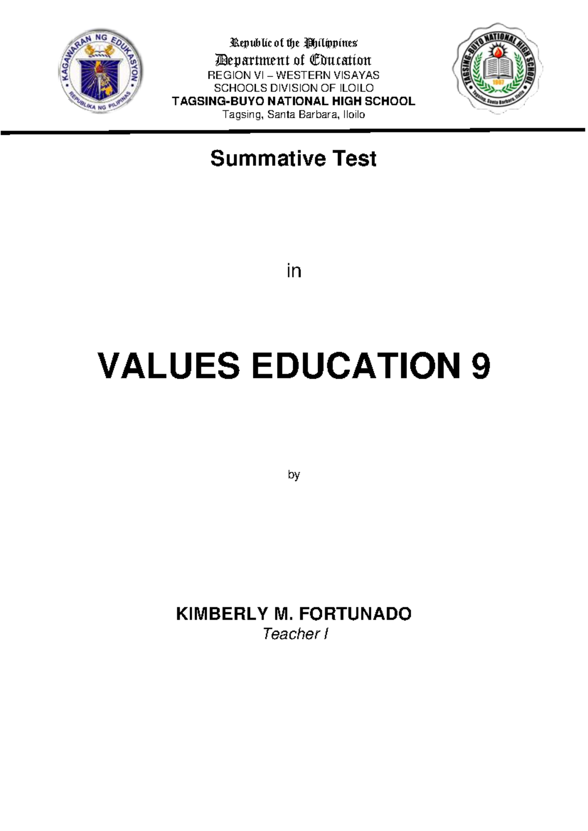 Esp 9 summative test 1st Quarter 1 - Republic of the Philippines ...