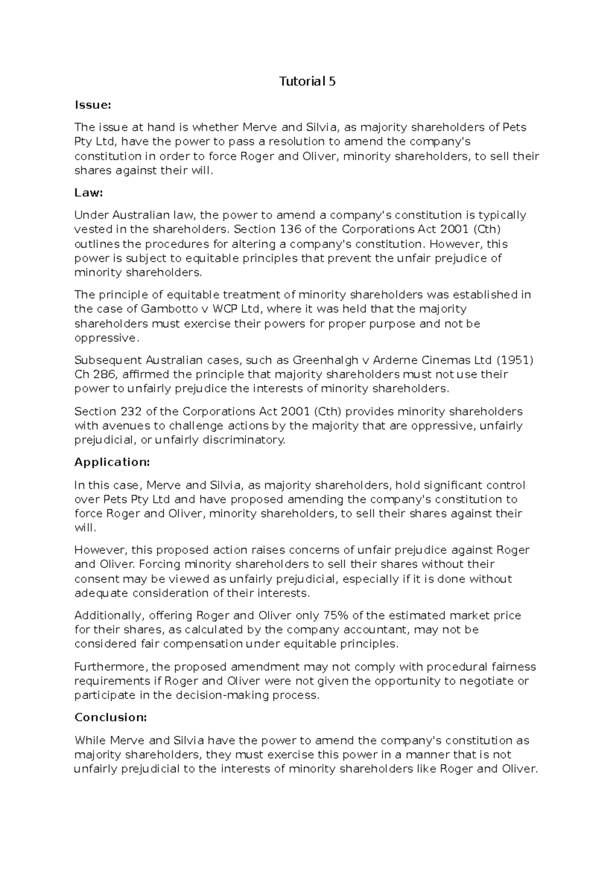 Tutorial 5 - Tutorial 5 Issue: The issue at hand is whether Merve and ...