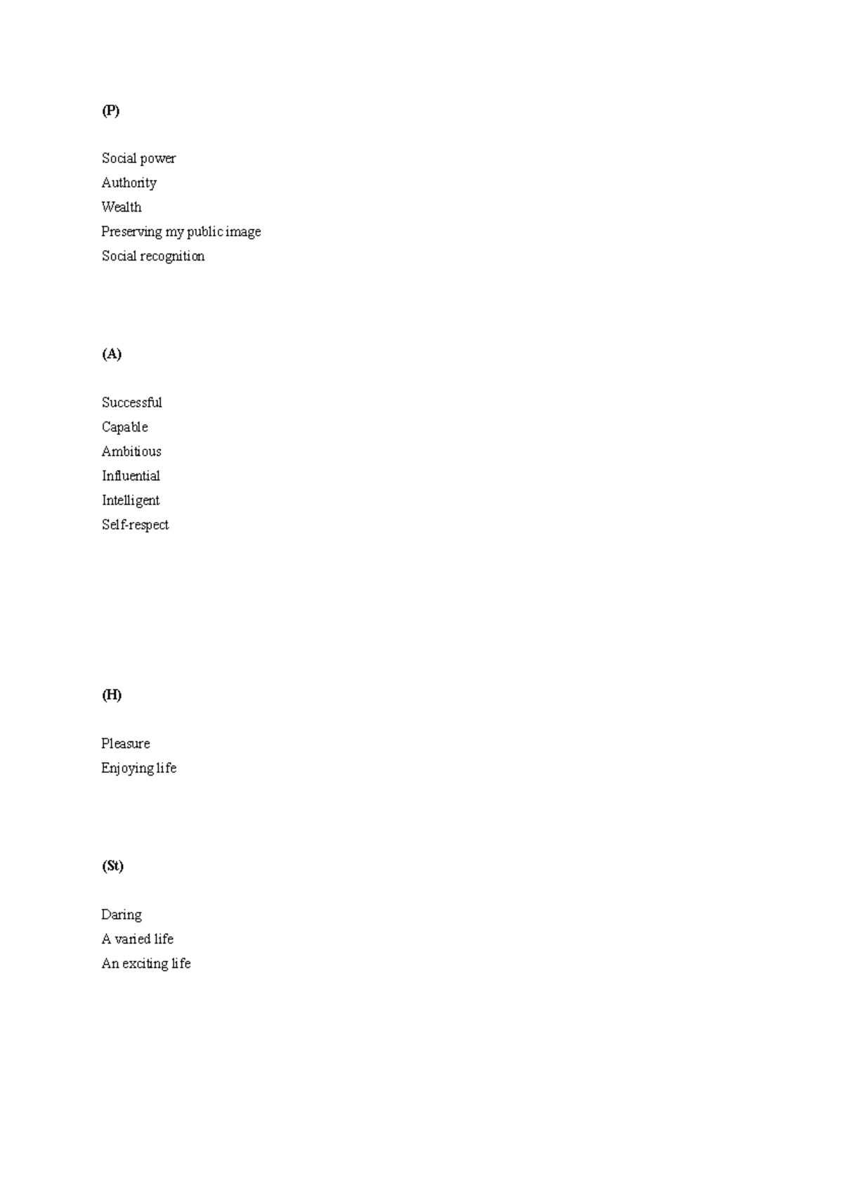 Schwartz Values Inventory - (P) Social power Authority Wealth ...