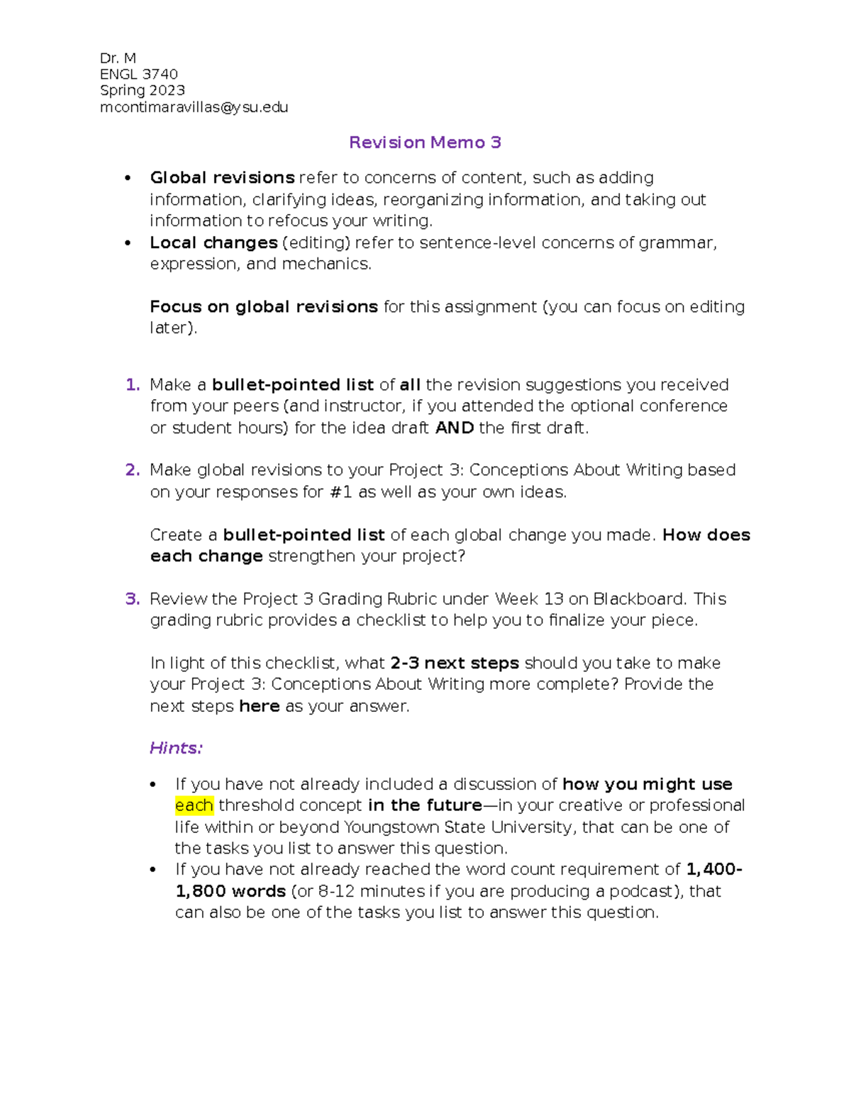 Revision Memo 3 - this was the cover letter we were using for project 3 ...