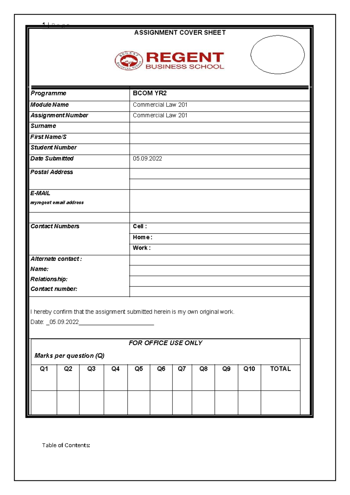 Commercial Law Assignment 1 - Table of Contents: ASSIGNMENT COVER SHEET Programme BCOM YR Module ...