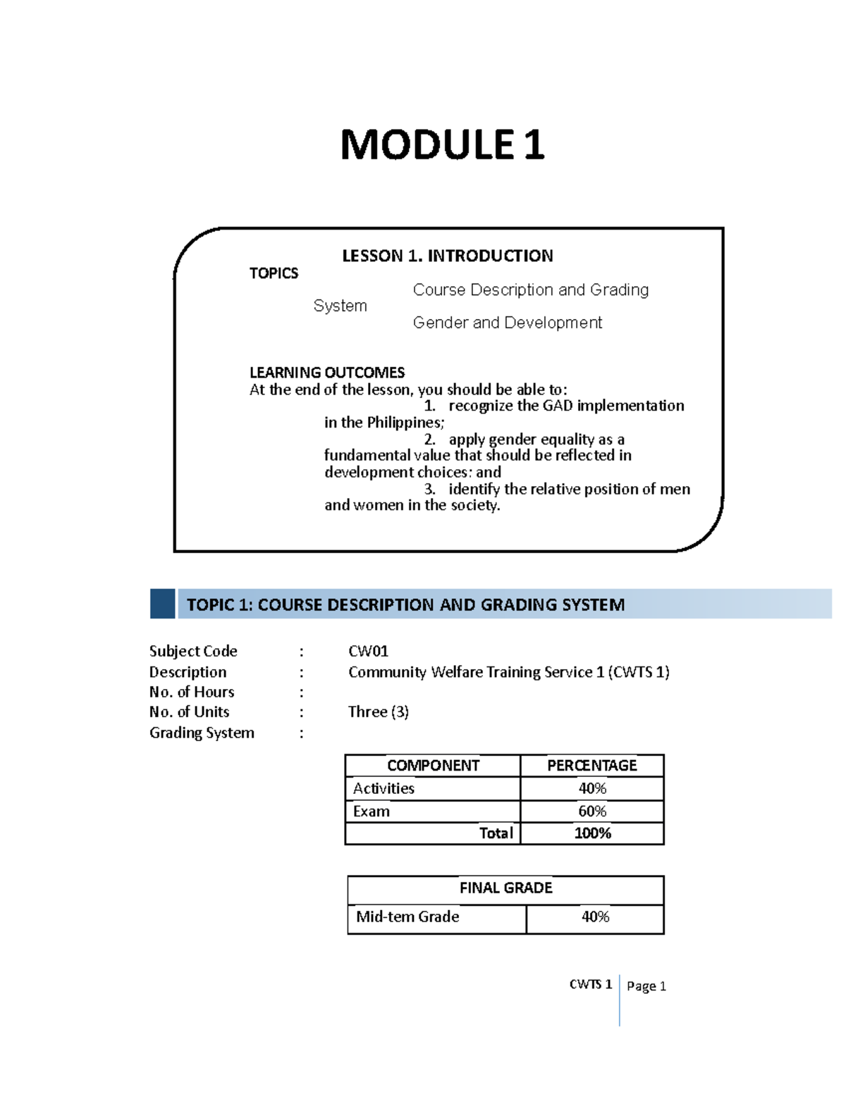 CWTS- Module - NSTP NOTES - Subject Code : CW Description : Community ...