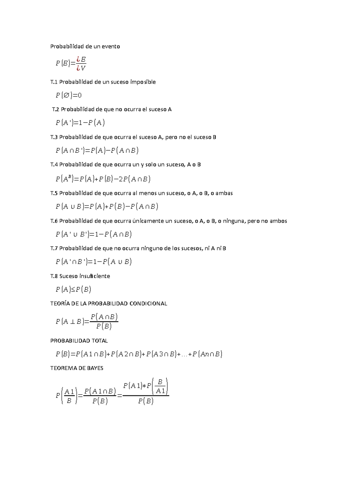 Formulario Probabilidad - Probabilidad de un evento P ( E )= ¿E ¿V T ...
