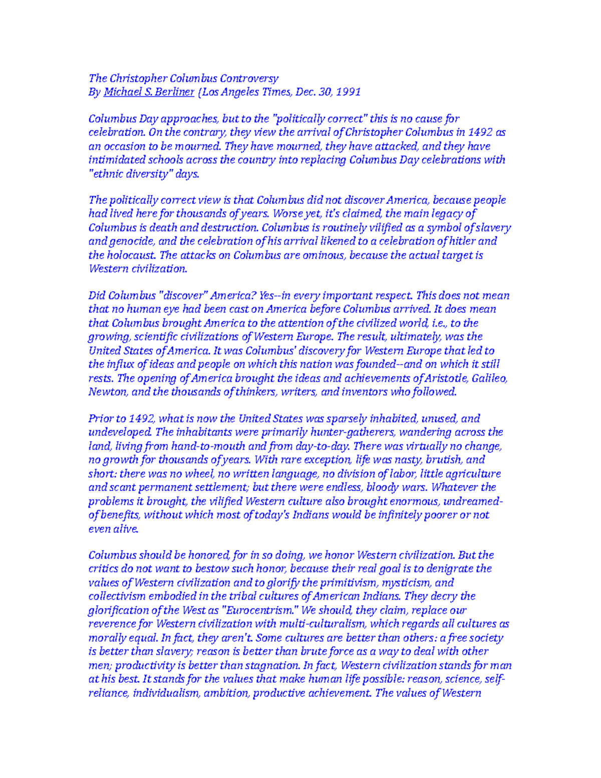 The Christopher Columbus Controversy - Berliner (Los Angeles Times, Dec ...