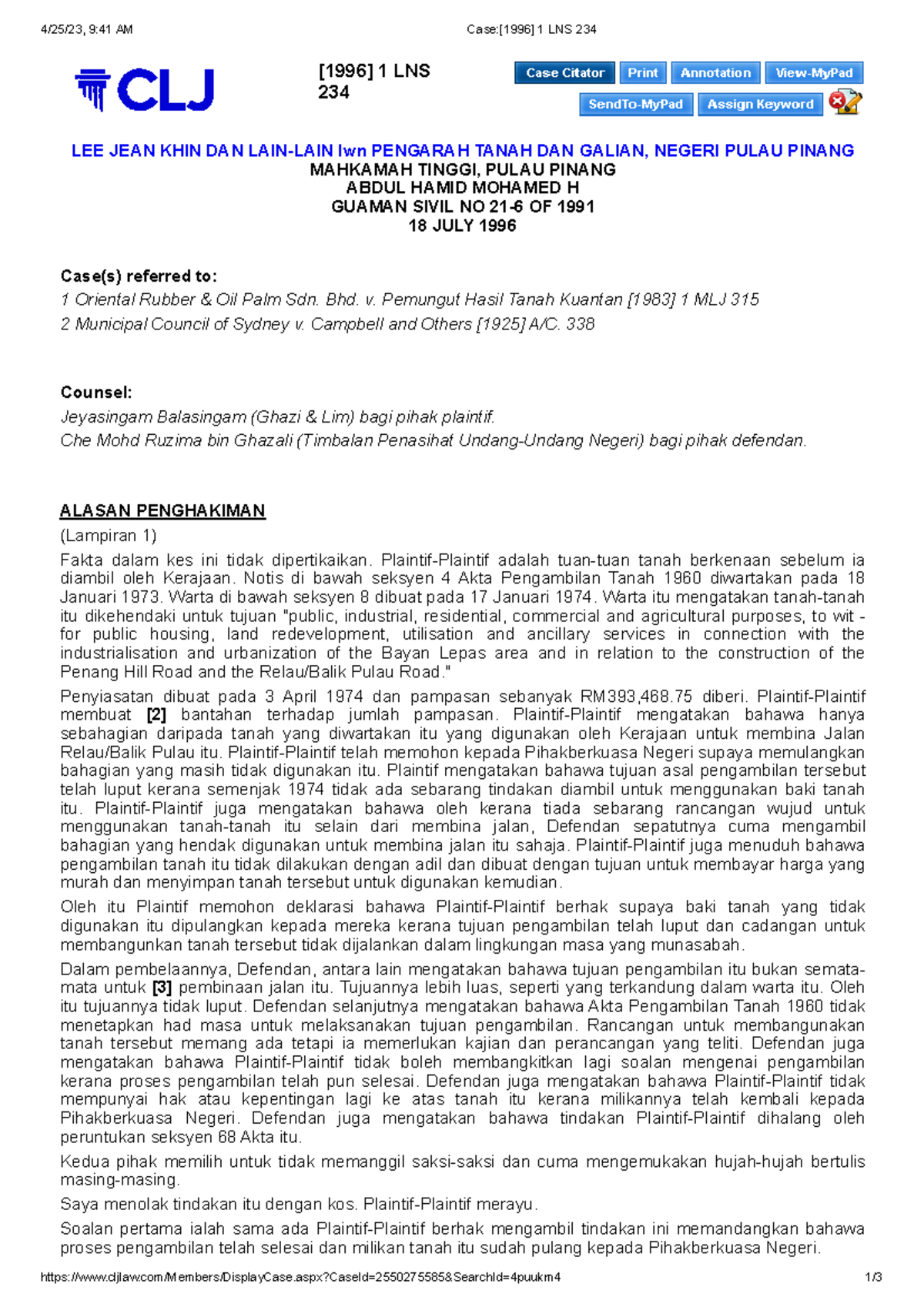 Lee jean khin (land acquisition) Case [1996] 1 LNS 234 - 4/25/23, 9:41 ...