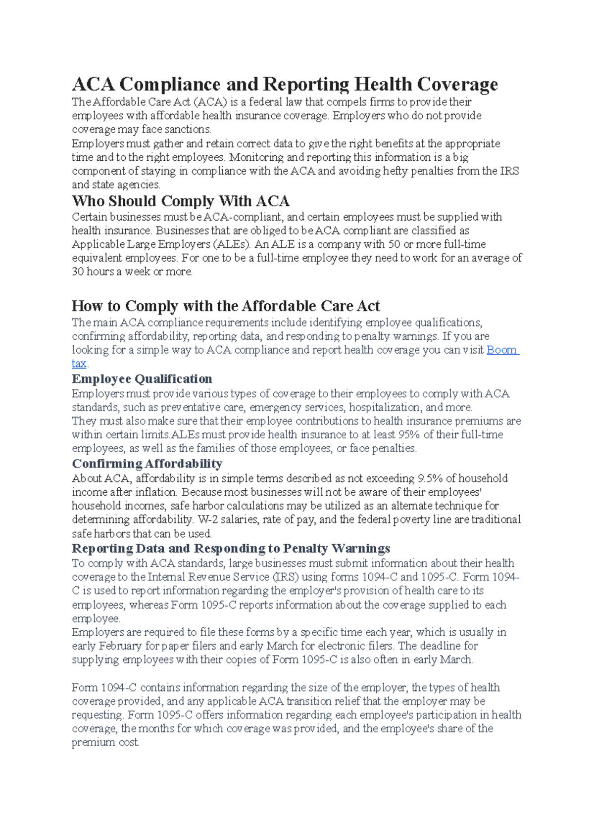 Aca Compliance and Reporting Health Coverage - Employers who do not ...