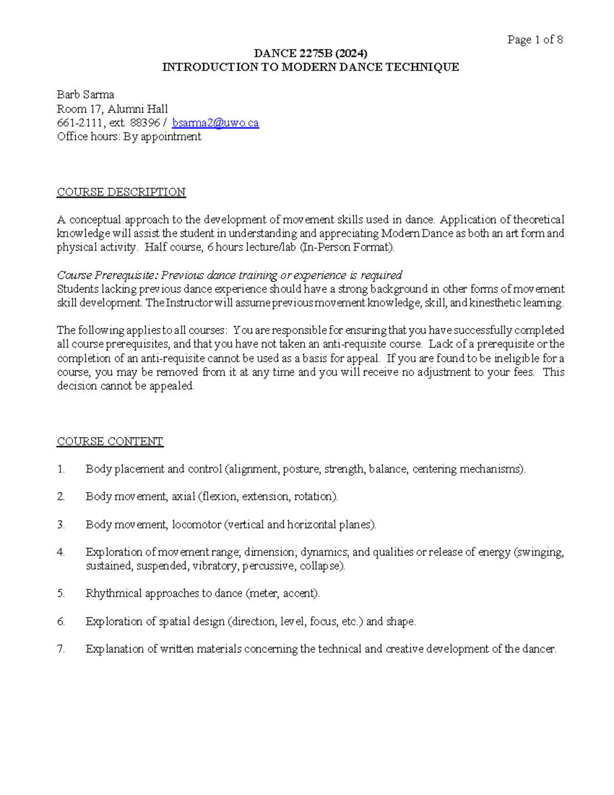 Dance-2275b Syllabus - DANCE 2275B (20 24 ) INTRODUCTION TO MODERN ...