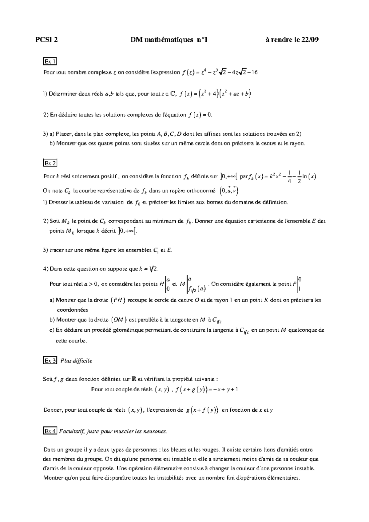 DM nombres complexes et fonctions à 1 et 2 variables - PCSI 2 DM ...