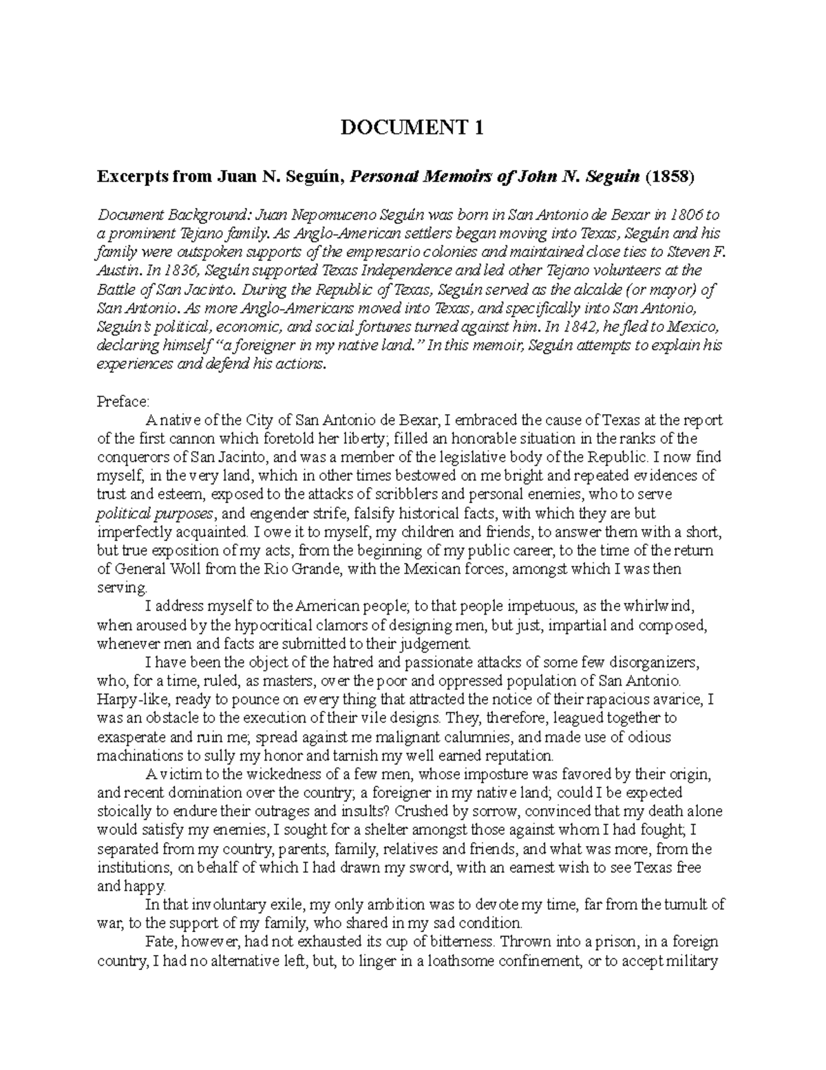 Document 1-Seguin - evidence - DOCUMENT 1 Excerpts from Juan N. Seguín ...