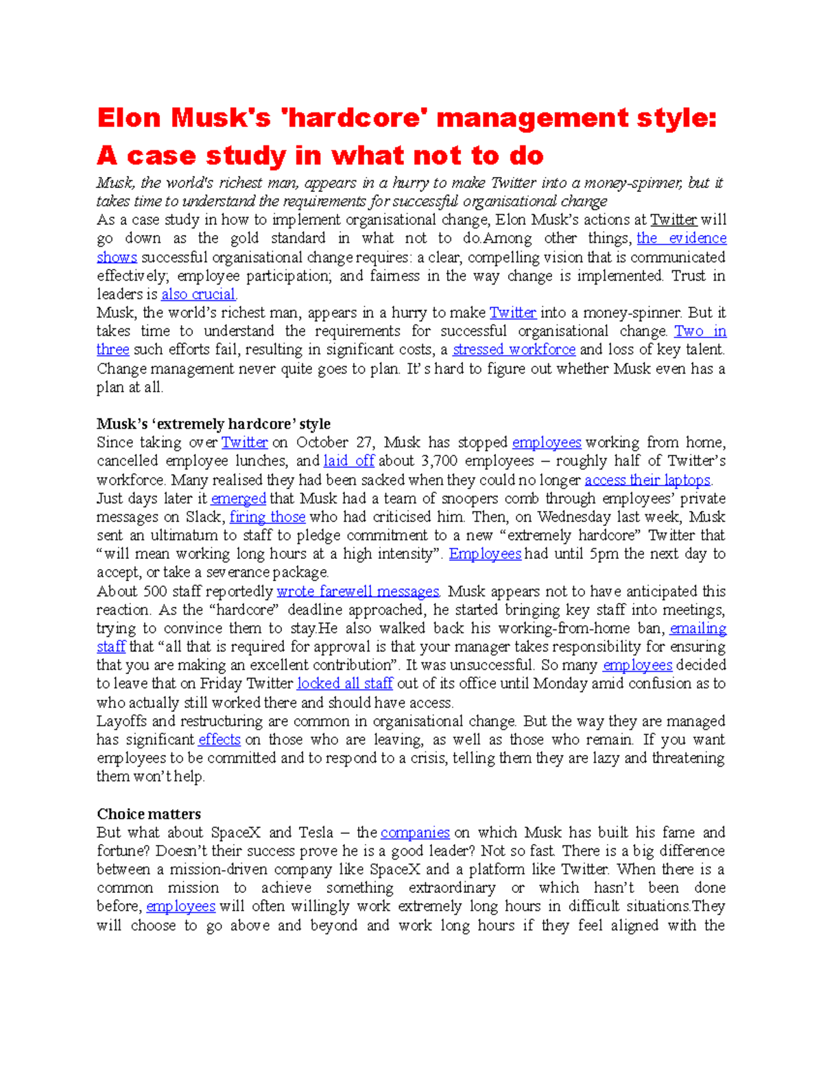 Story Story - case study - Elon Musk's 'hardcore' management style: A ...