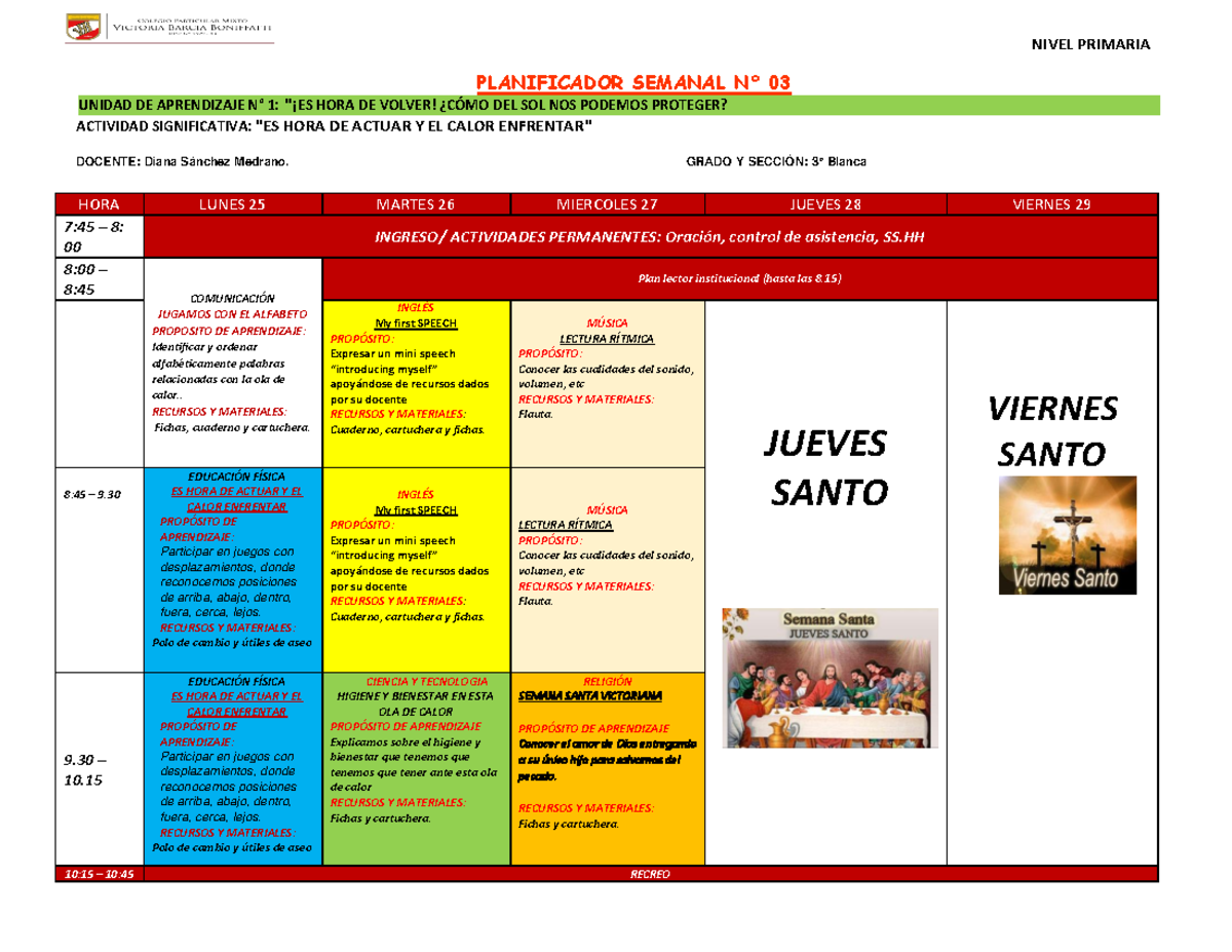 3° Blanca - Planificador Semana 3 - NIVEL PRIMARIA PLANIFICADOR SEMANAL ...