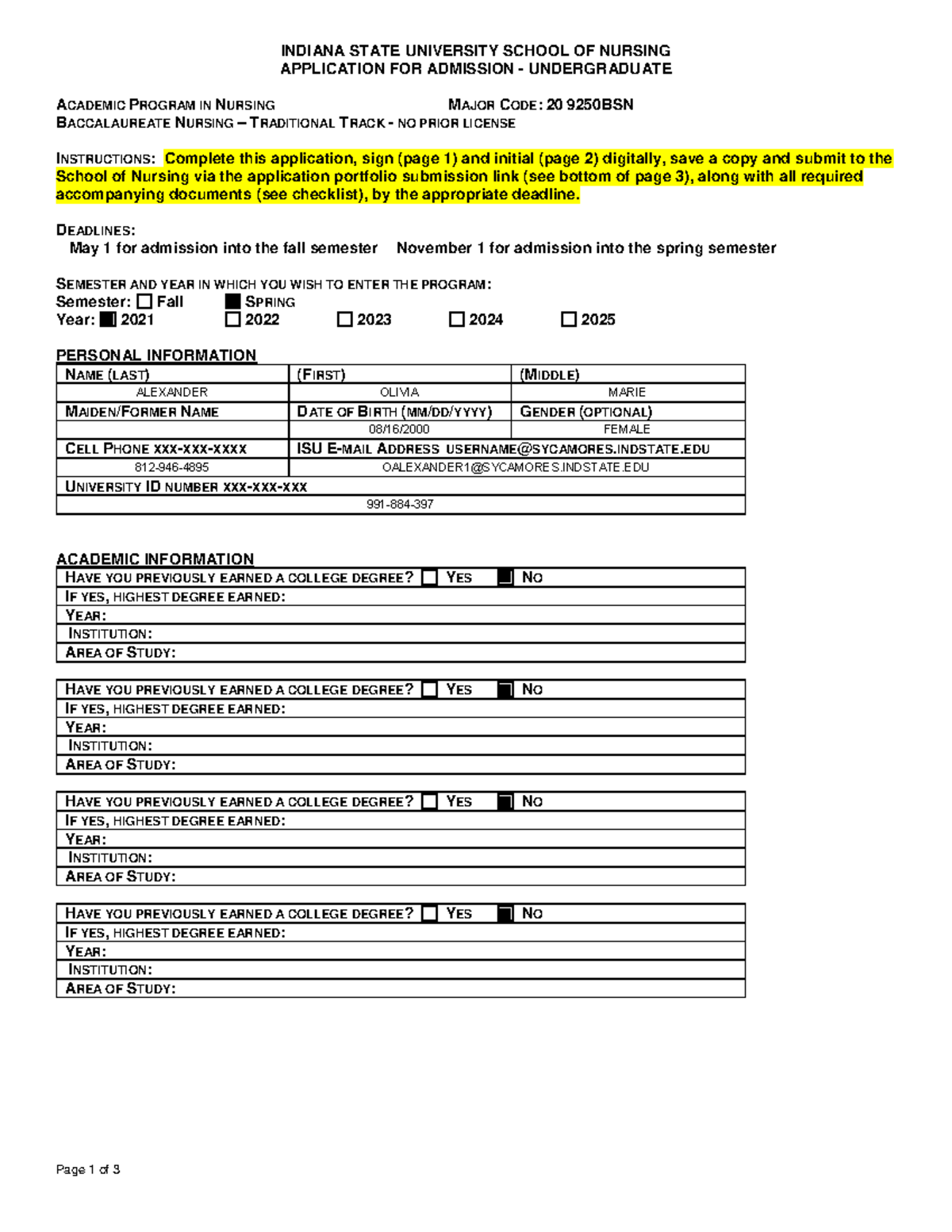 Nursing Admission Application - Page 1 of 3 INDIANA STATE UNIVERSITY ...