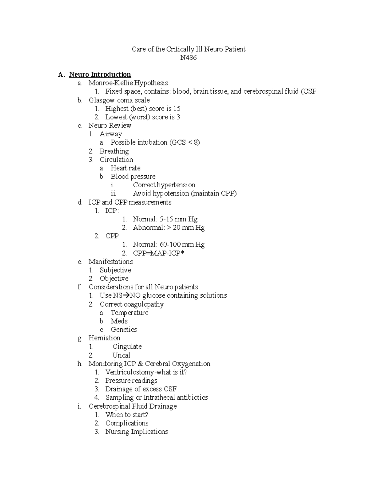 Neuro Outline 486 - Care of the Critically Ill Neuro Patient N A. Neuro ...