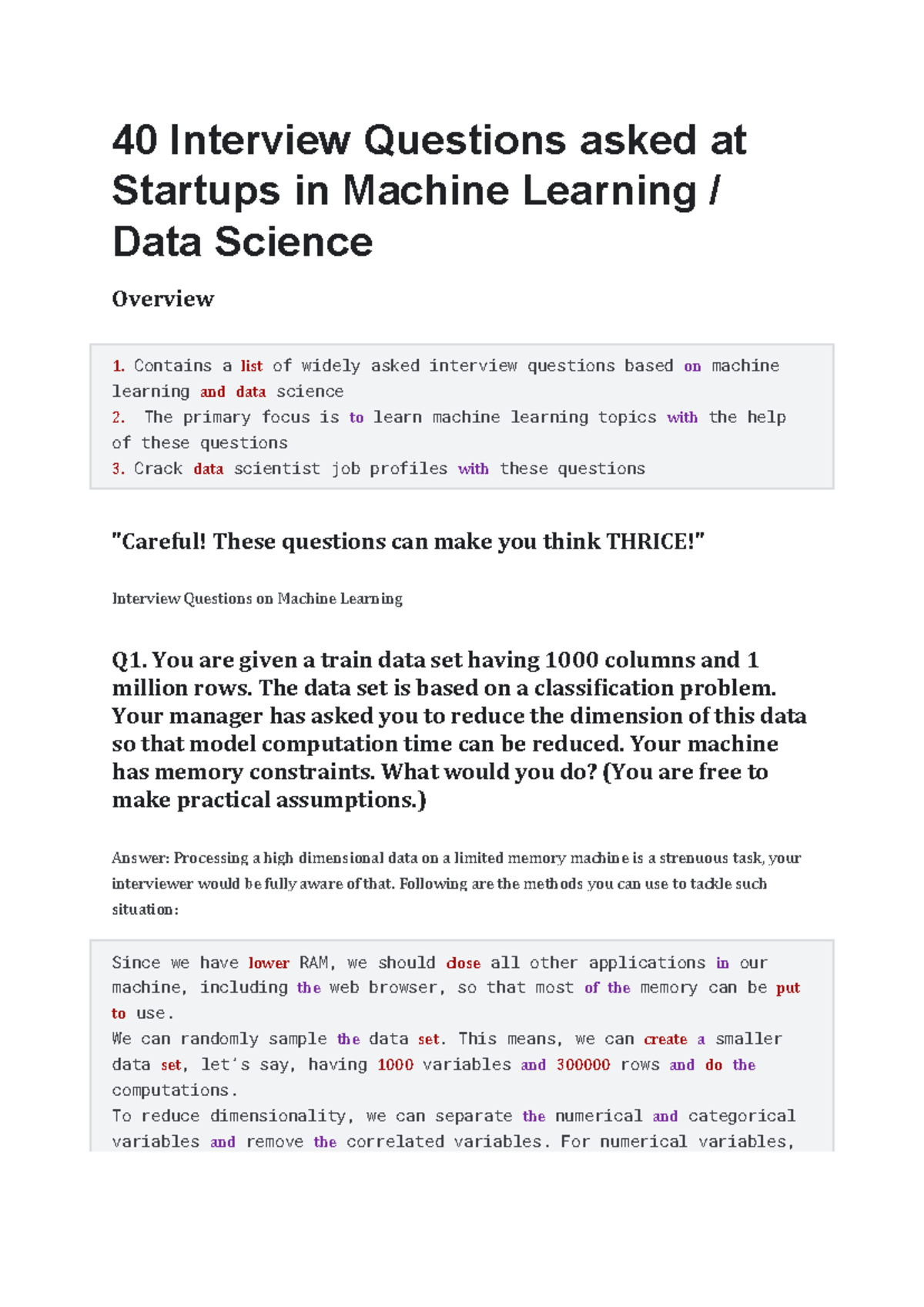 40 Interview Questions asked at Startups in Machine Learning - Contains a list of widely asked ...