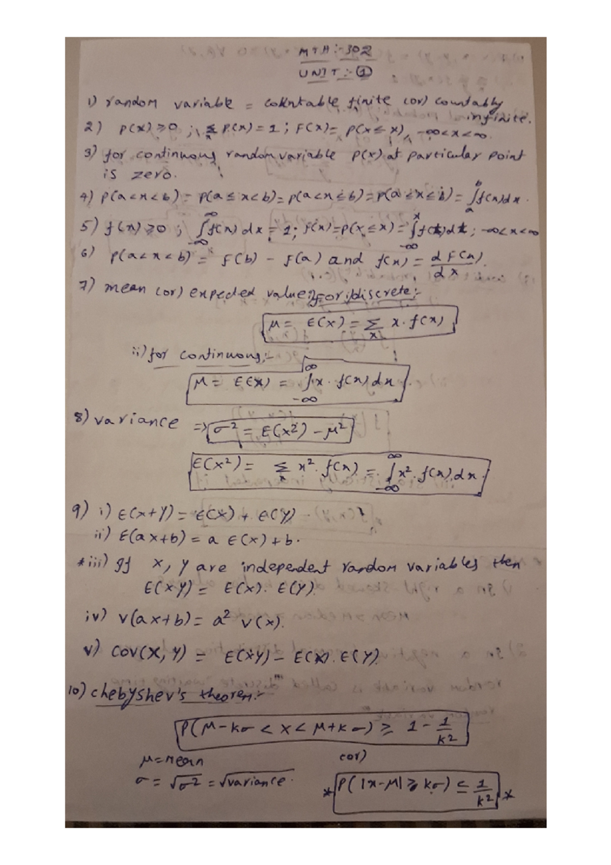 Maths Formulas OF UNIT - 1,2,3 - MTH 302 UNIT: 1 1) random variable ...