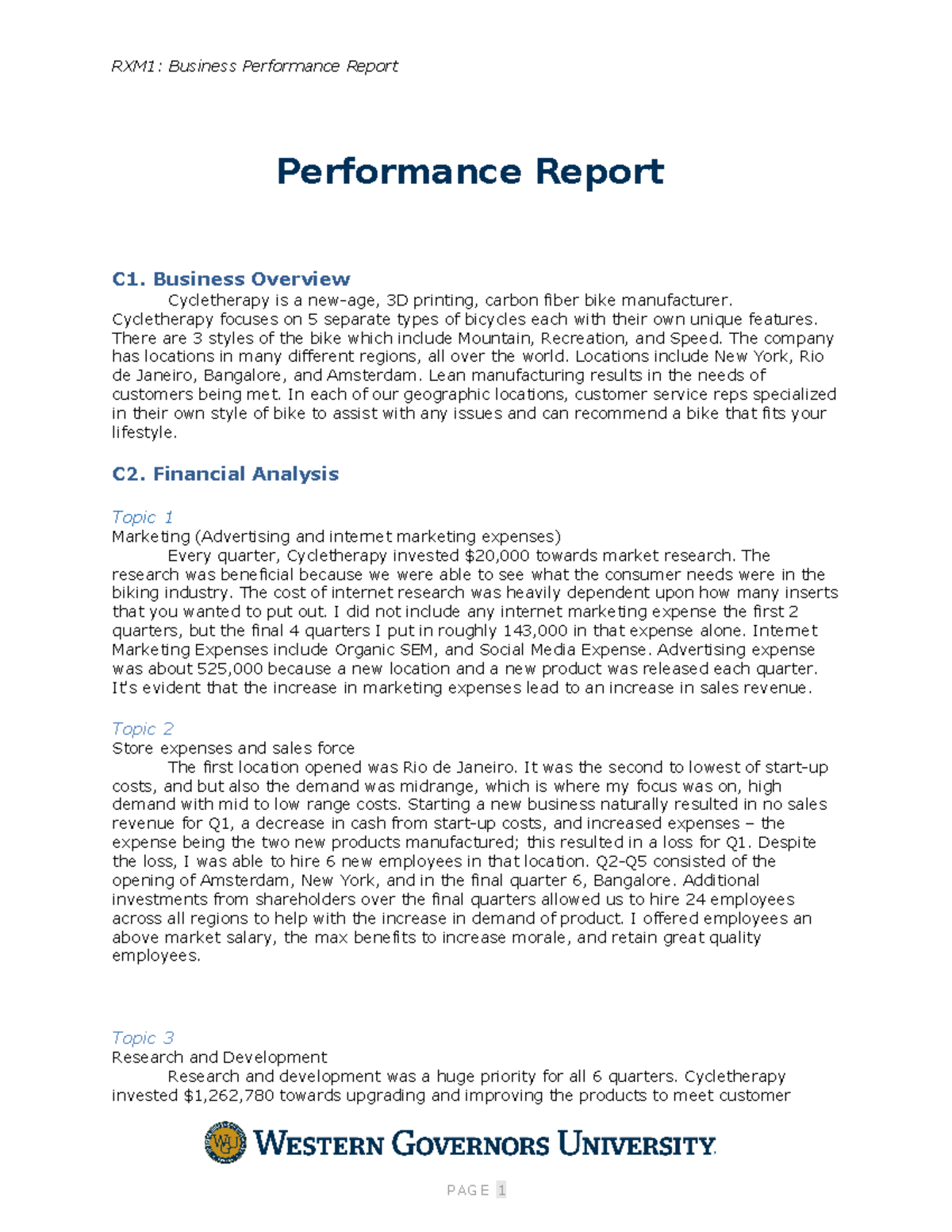 Business Performance Report - RXM1: Business Performance Report ...