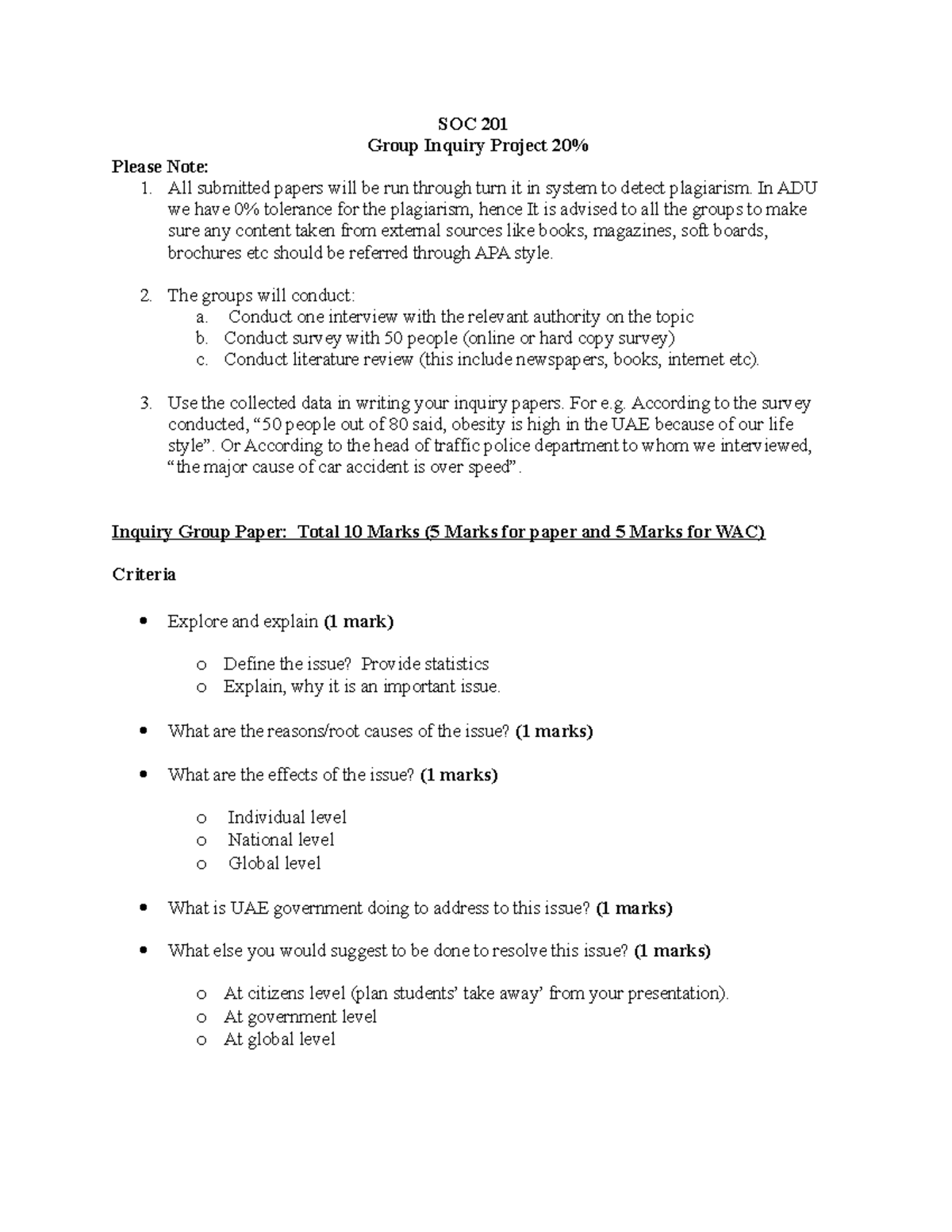 Inquiry Project Rubric and Guide line (1) - SOC 201 Group Inquiry ...