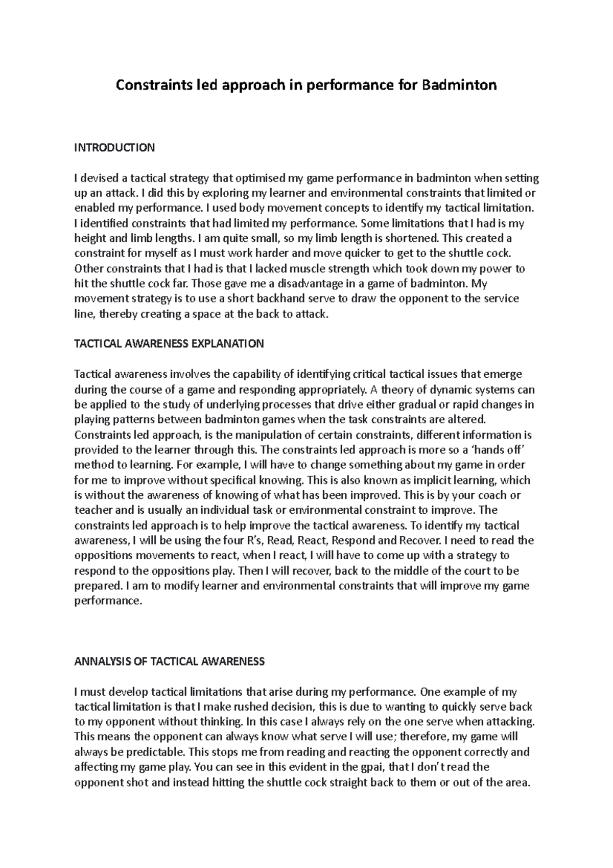 Tactical Awareness HPE - Constraints led approach in performance for ...