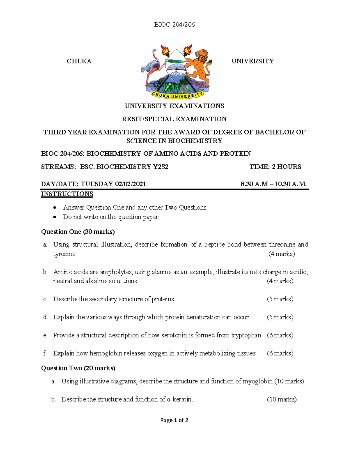 BIO204-206 Resit - Non - CHUKA UNIVERSITY EXAMINATIONS RESIT/SPECIAL ...