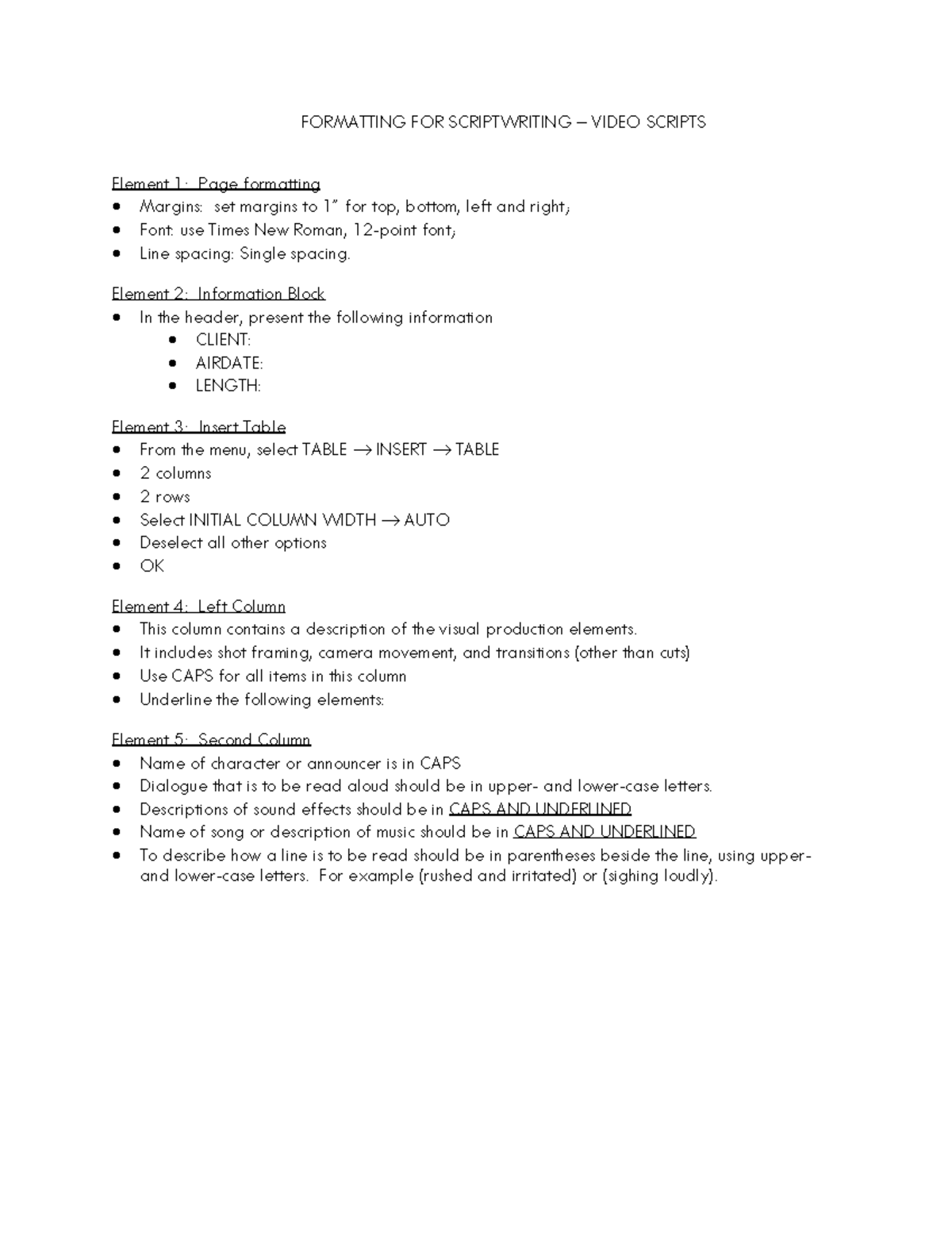 TV Script format instructions - FORMATTING FOR SCRIPTWRITING – VIDEO ...