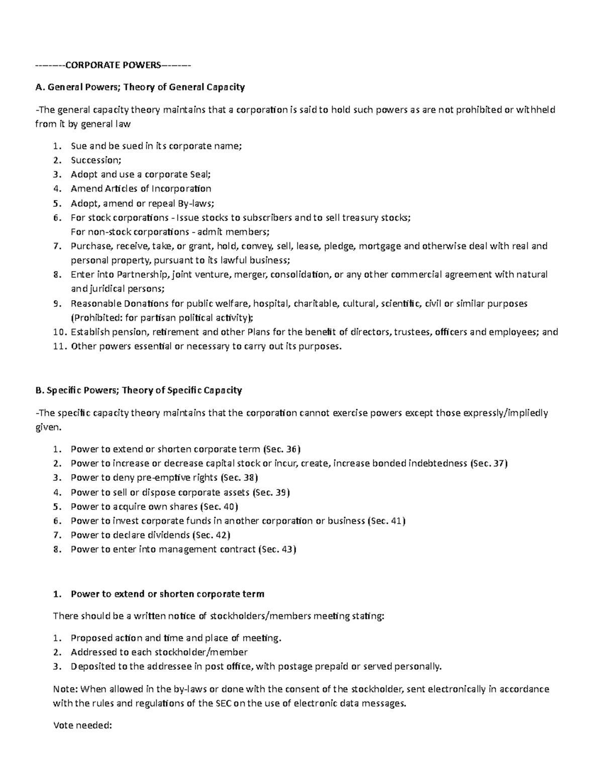 BAM 241 p3 - law on corporation -CORPORATE POWERS- A. General Powers ...