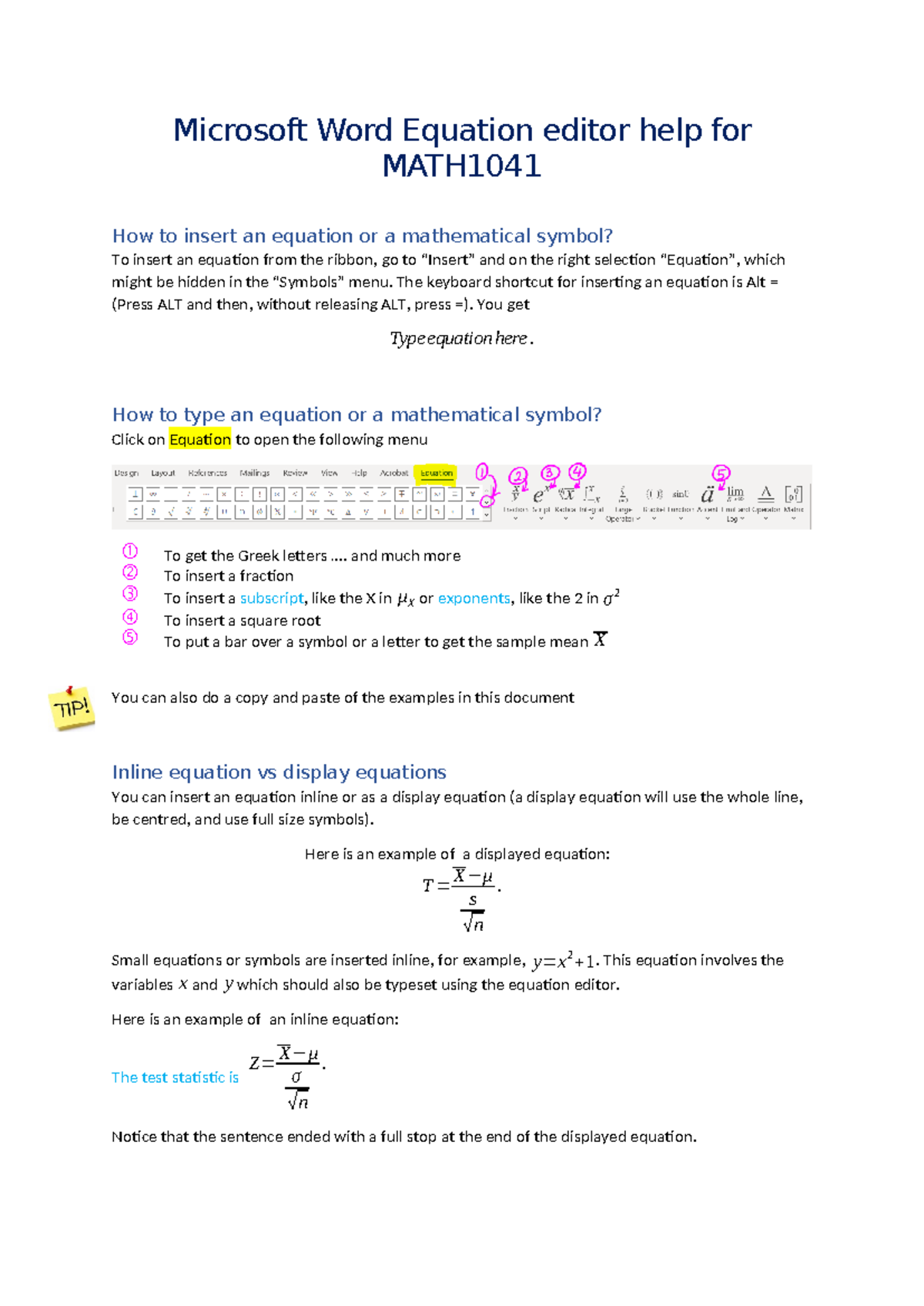 Microsoft Word Equation editor help for MATH1041 - Microsoft Word ...