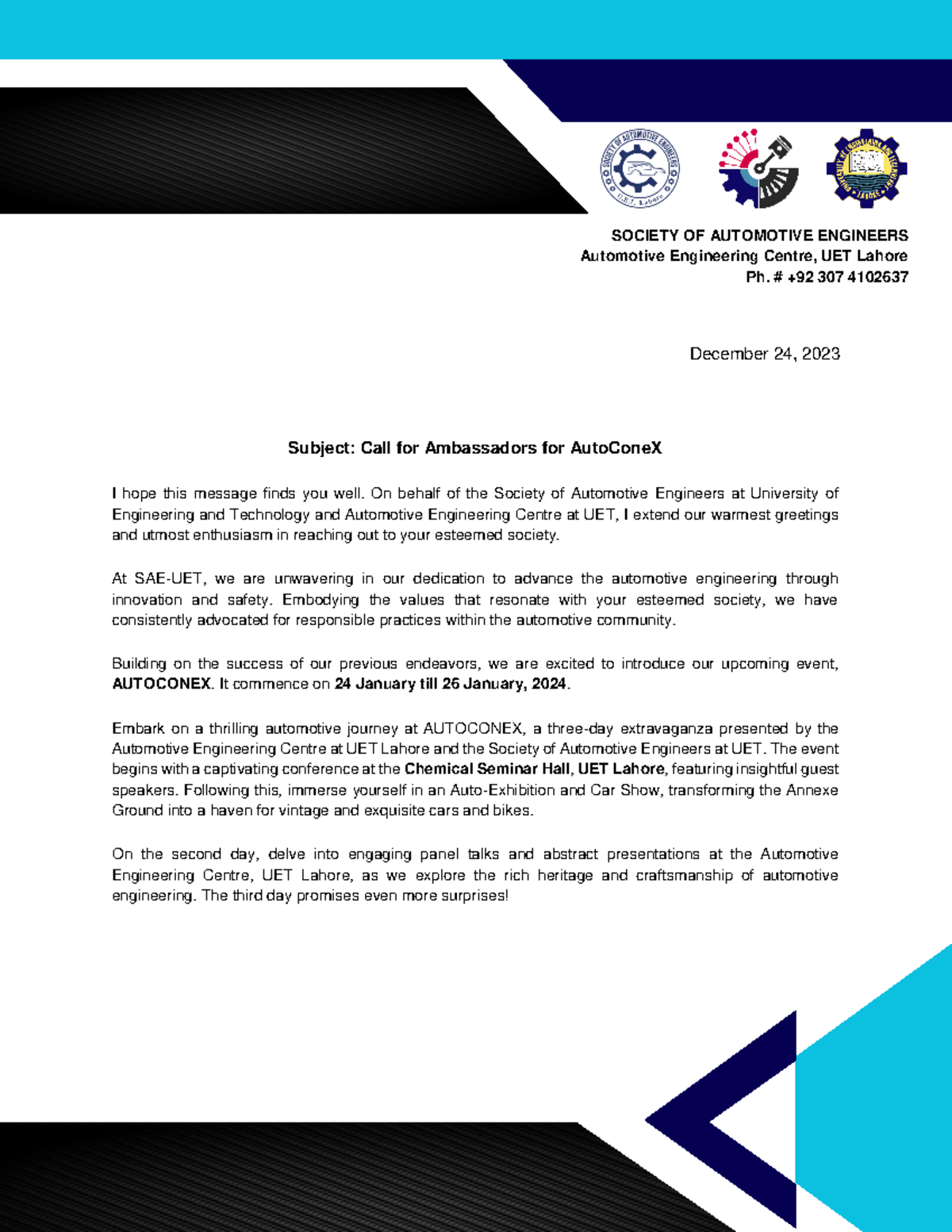 Ambassadors Invite Non-UET - December 24 , 2023 Subject: Call for ...