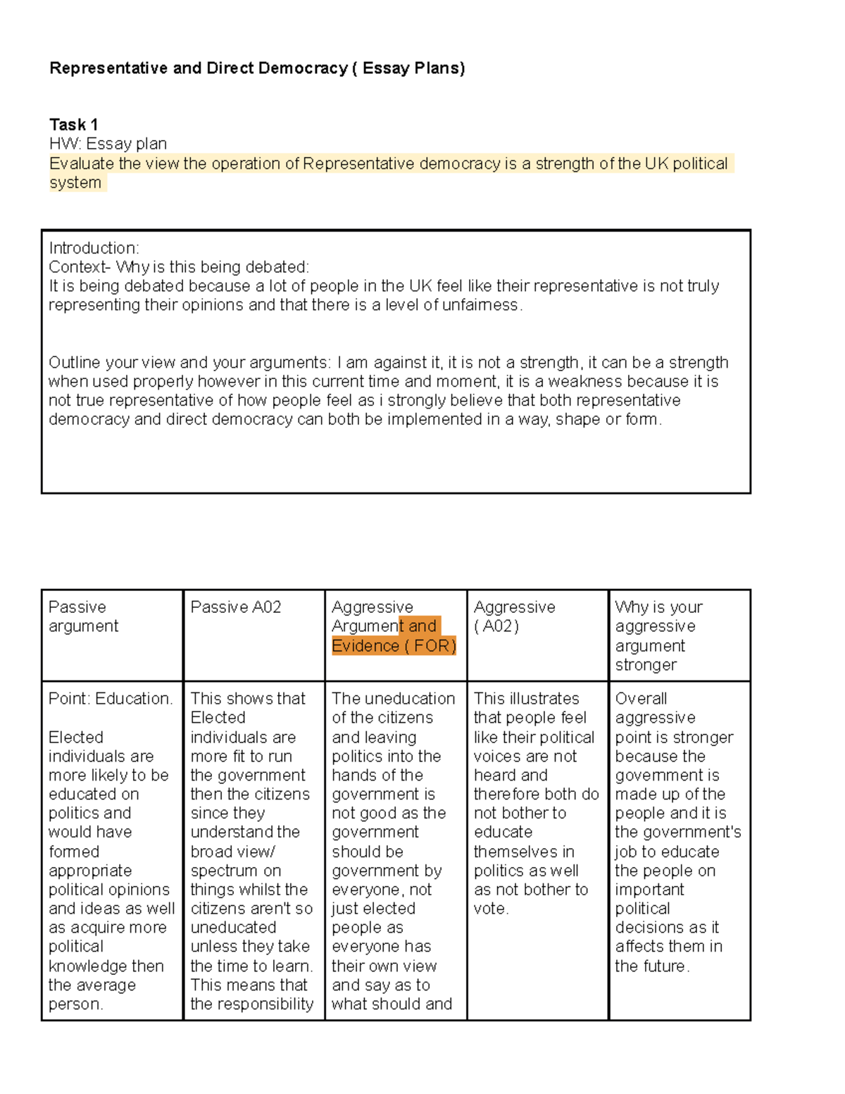 Representative Democracy - Outline your view and your arguments: I am ...