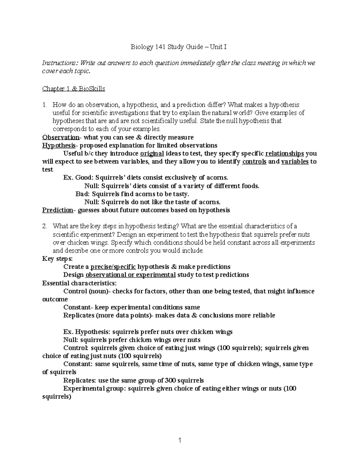 Unit I Study Guide - Professor: Elizabeth Feeser - Biology 141 Study ...