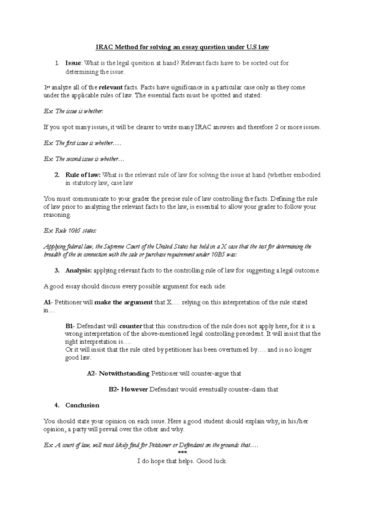 IRAC Method for solving an essay question under U copy - IRAC Method ...