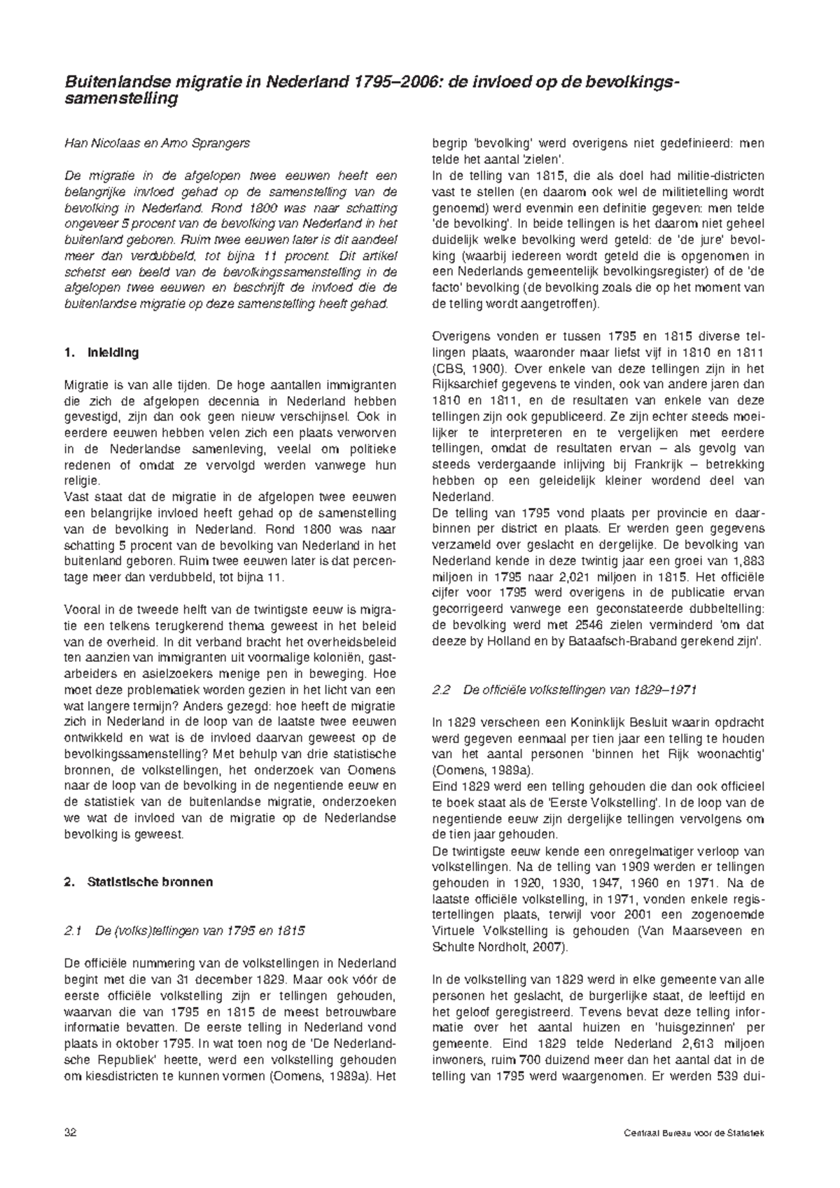2007 k4 b15 p32 art - Buitenlandse migratie in Nederland 1795–2006: de invloed op de bevolkings ...