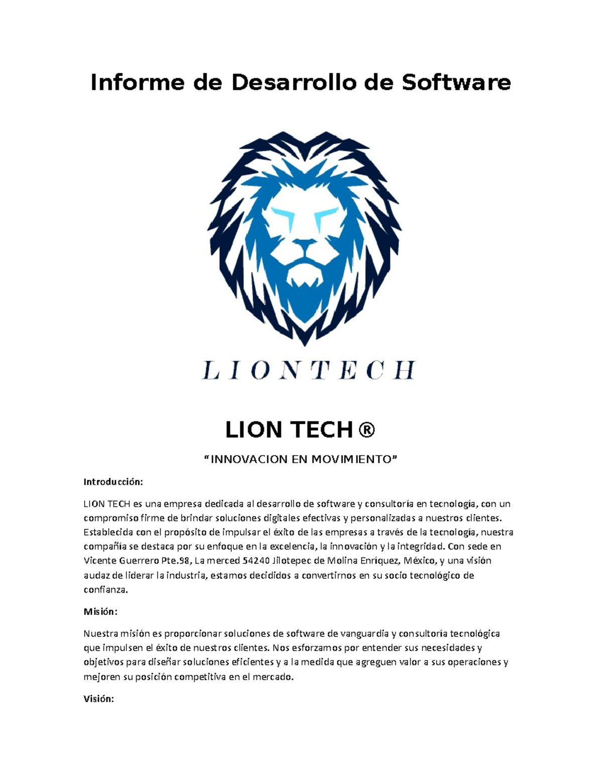 Informe de Desarrollo de Software 024804 - Informe de Desarrollo de Software LION TECH ...