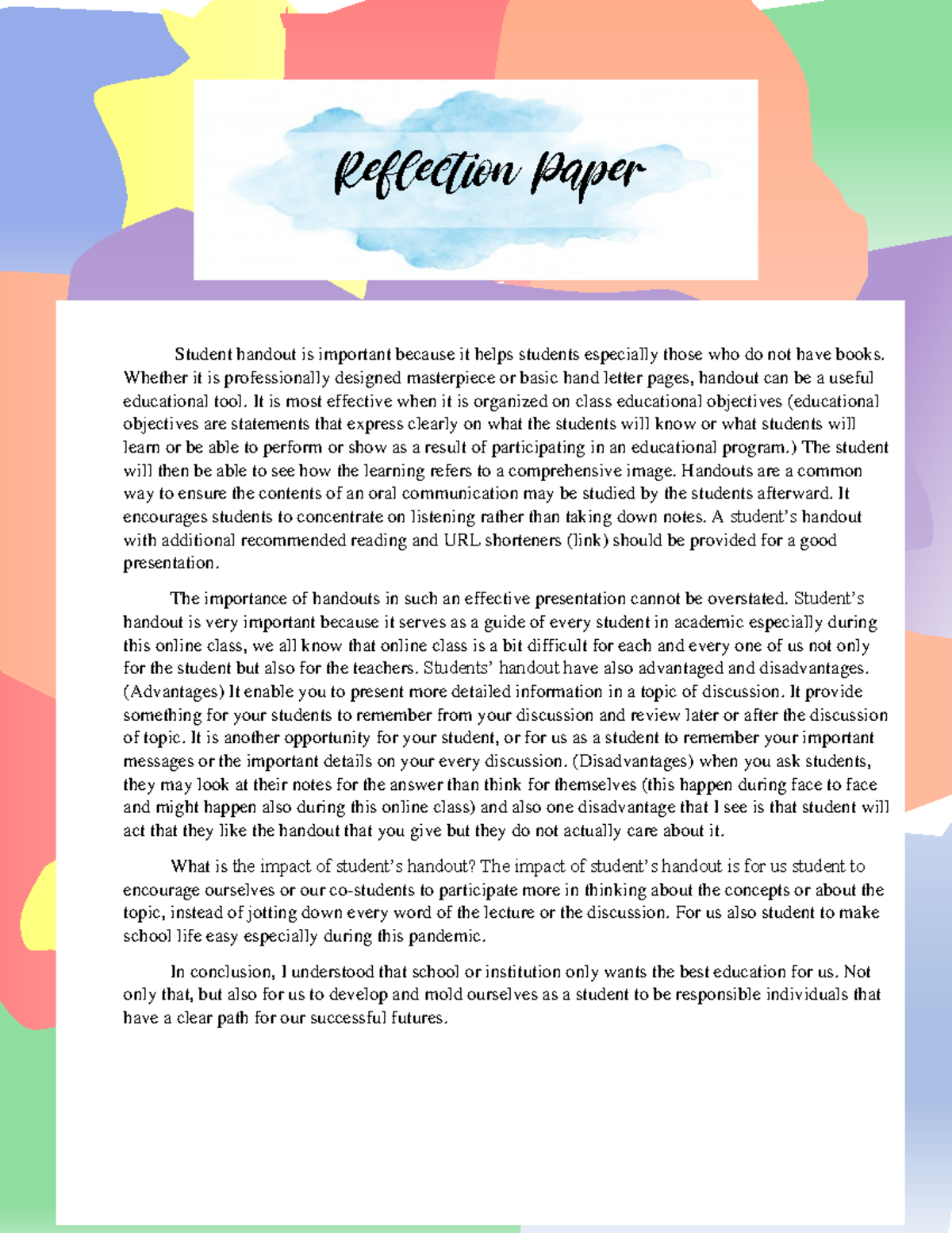 Reflection Paper (Student Handout) - Student handout is important ...