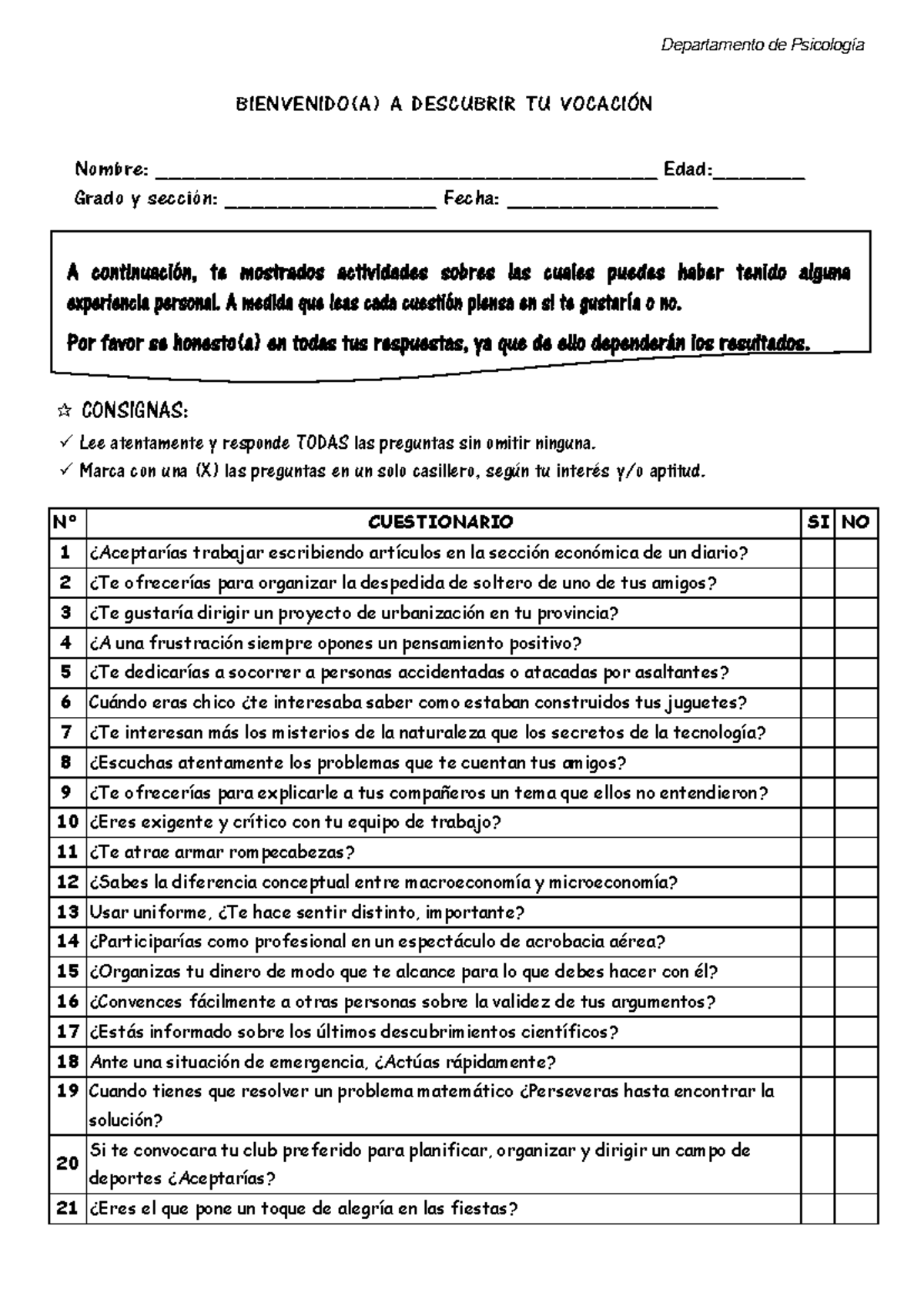 TEST- Orientación Vocacional - BIENVENIDO(A) A DESCUBRIR TU VOCACIÓN ...