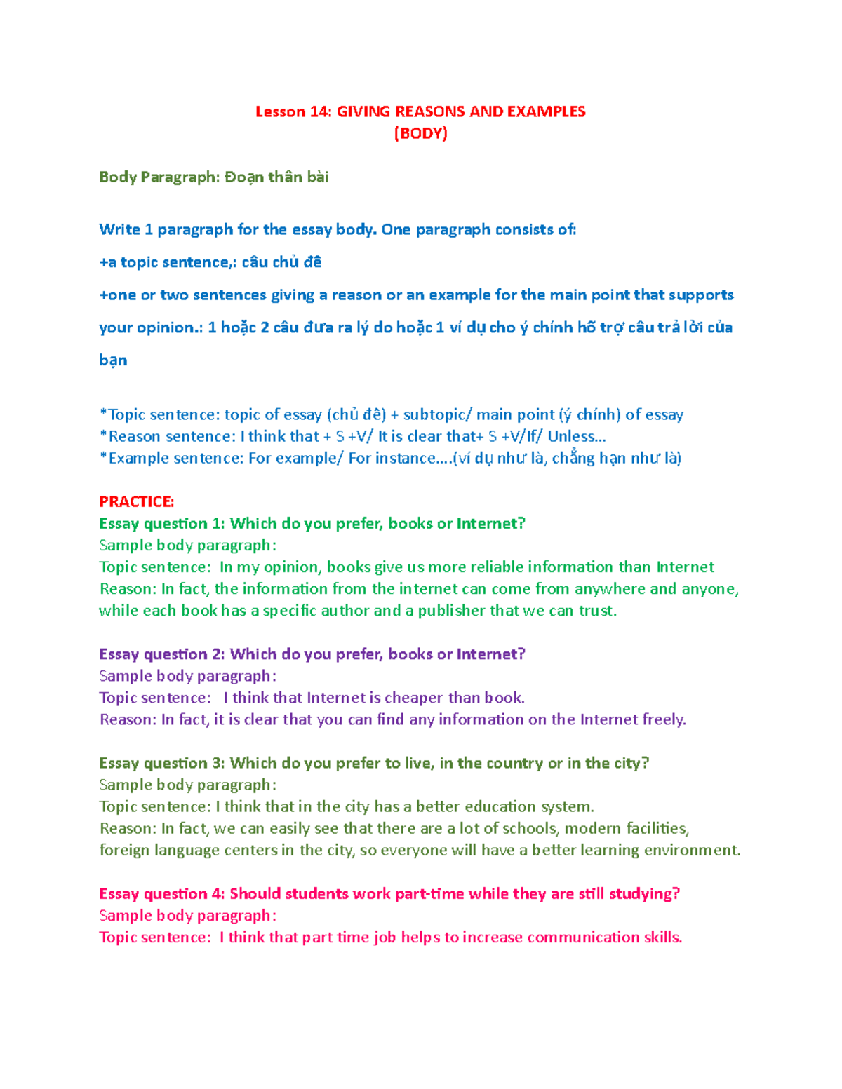 Lesson 14- Write LV3- BODY- Theory - Lesson 14: GIVING REASONS AND ...