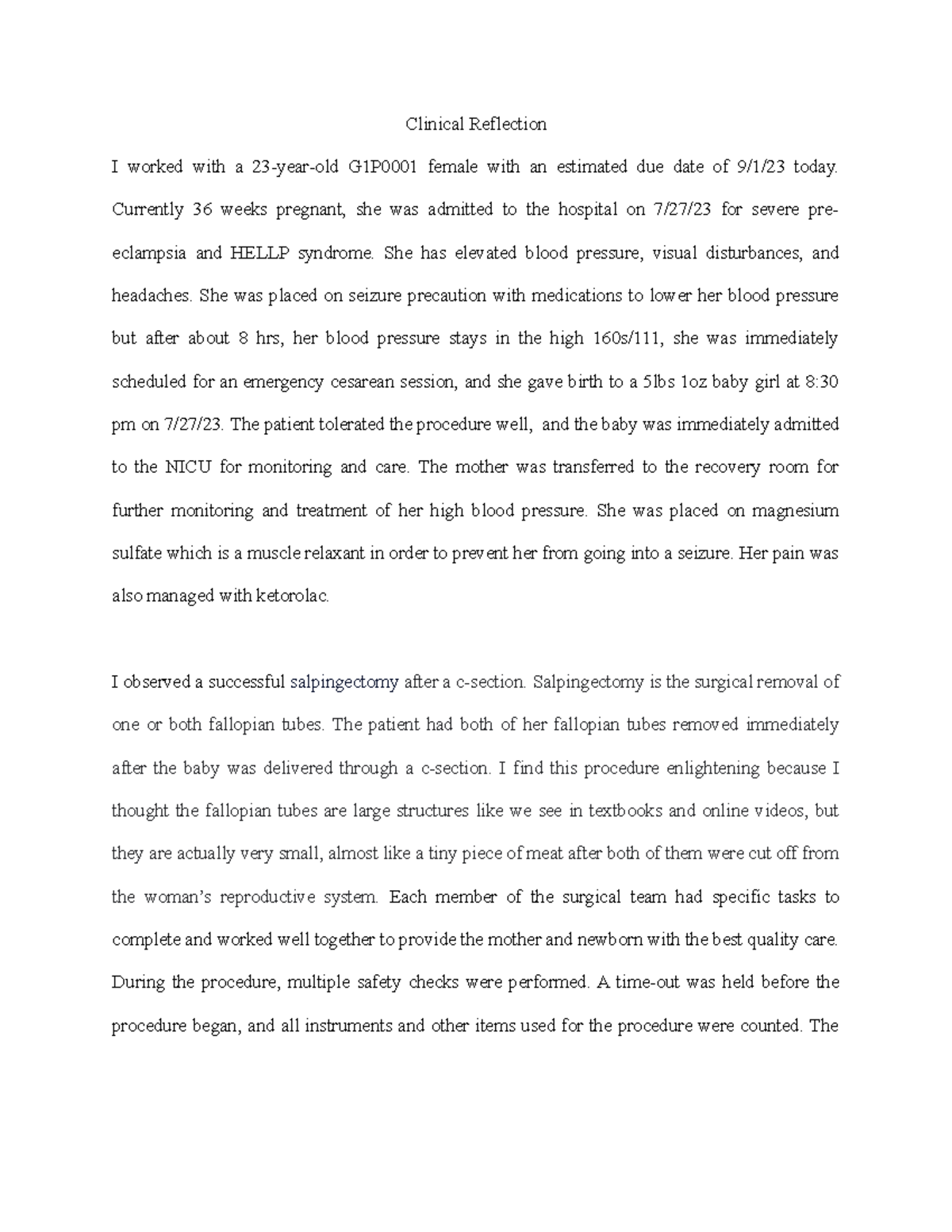 REFLECTION CLINICAL - NRSE4570 - ETSU - Studocu