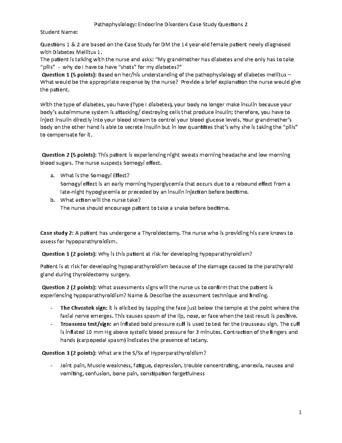 Endo Case study Questions 2 - Pathophysiology: Endocrine Disorders Case ...