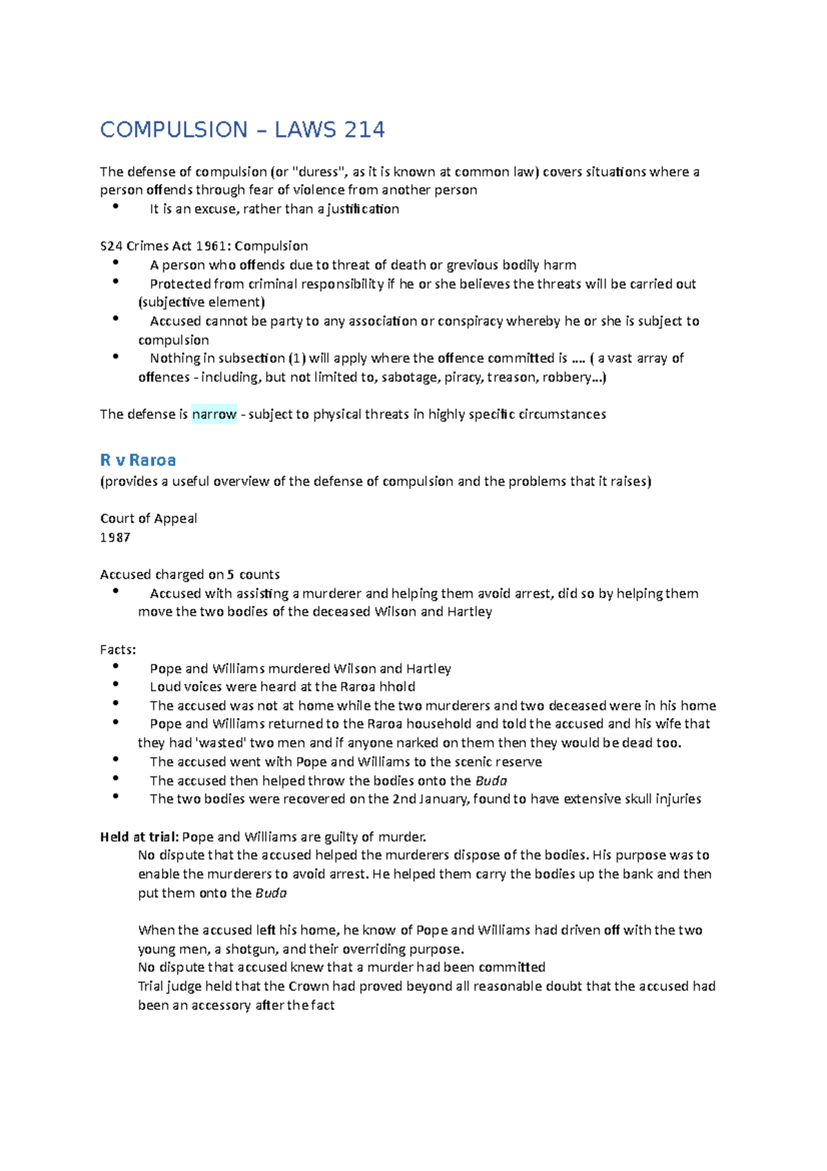 Compulsion - COMPULSION – LAWS 214 The defense of compulsion (or ...