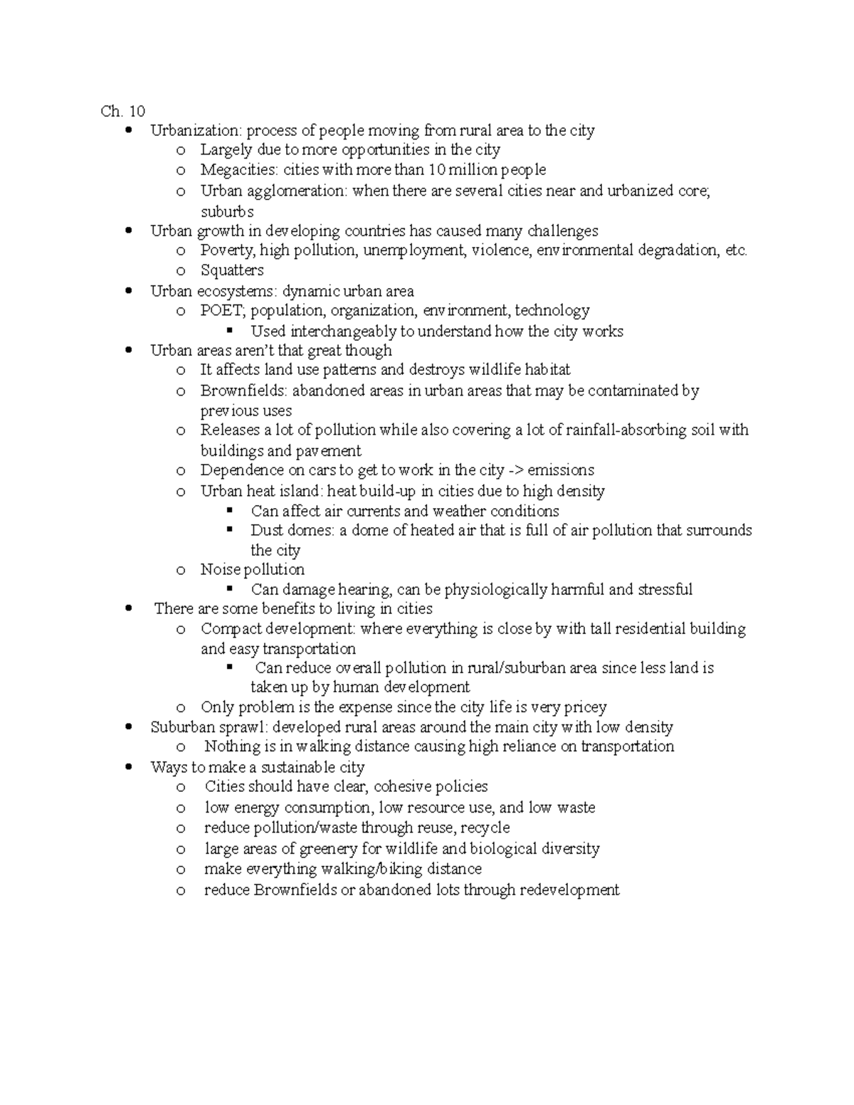 ENSC ch 10 - Summary Environment - Ch. 10 Urbanization: process of ...