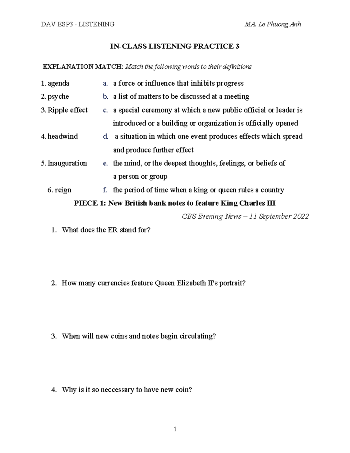 IN- Class Practice 3 - AAAA - DAV ESP3 - LISTENING MA. Le Phuong Anh 1 ...