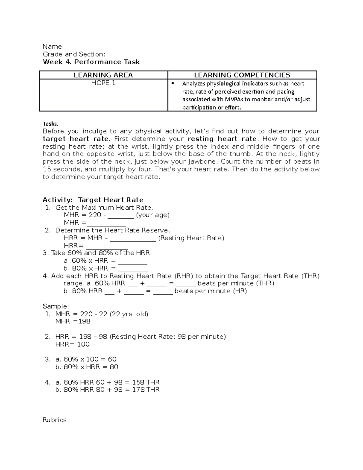 hope 1 week 4 pt - Name: Grade and Section: Week 4. Performance Task ...