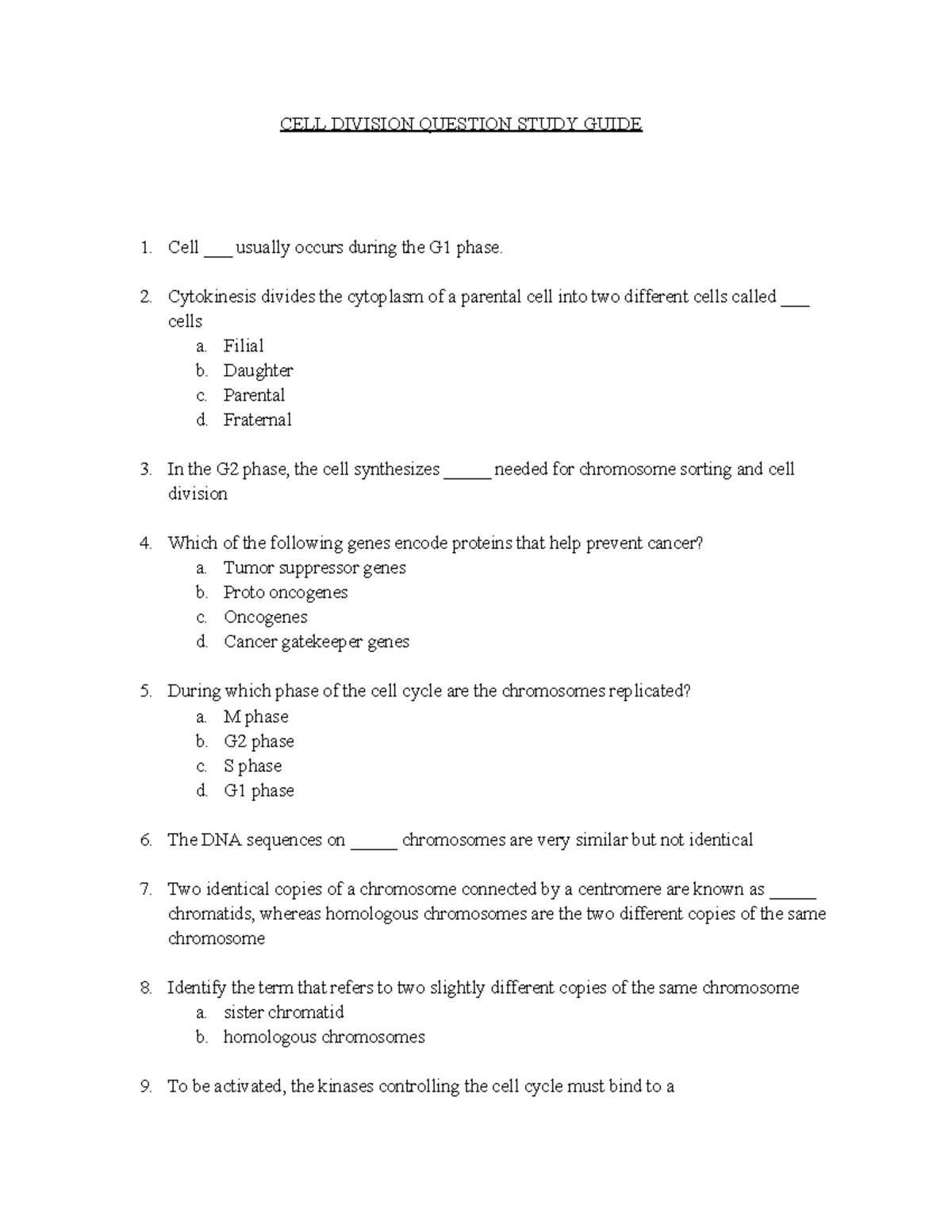 Cell Division Question Study Guide - CELL DIVISION QUESTION STUDY GUIDE ...