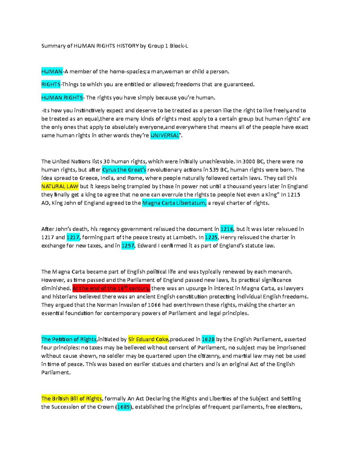 Summary of Human Rights History by Group 1 Block L - Summary of HUMAN ...